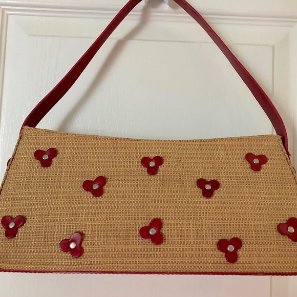 Cole Haan | Bags | Cole Haan Straw Handbag With Red Leather Flowers ...